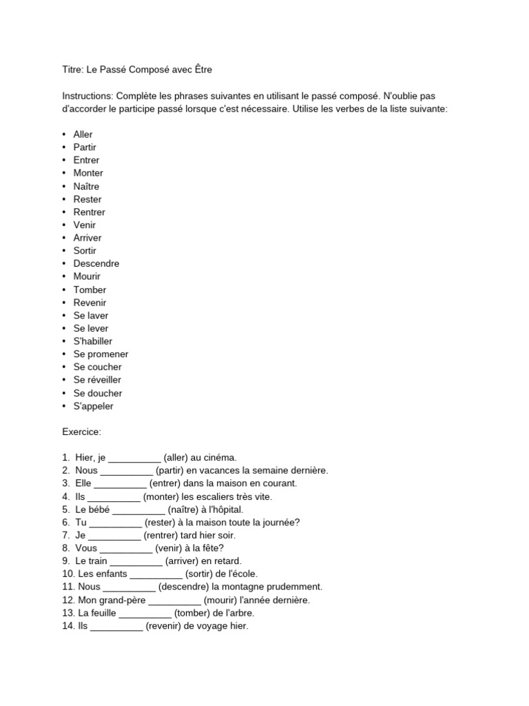Passé Composé avec Être : Exercices Pratiques | PDF