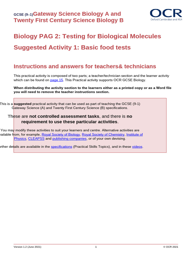 Pag Activity Biology Testing For Biological Molecules Suggestion 1 ...