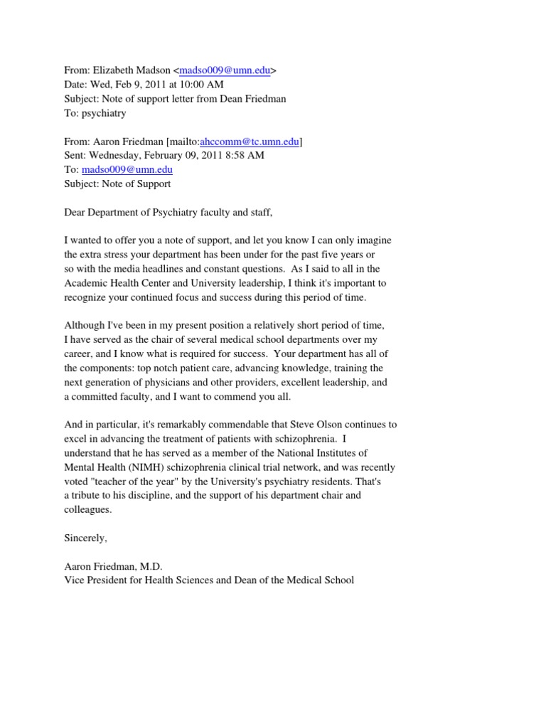 Note of Support From Aaron Friedman To Department of Psychiatry | PDF ...