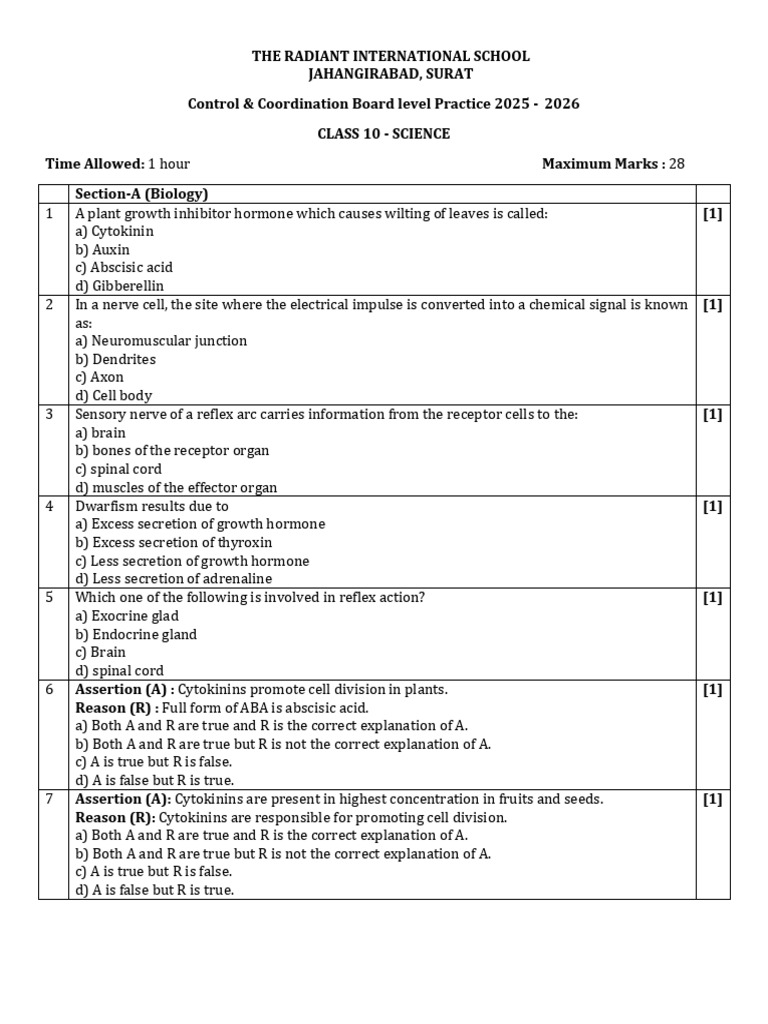 Class 10 Science: Biology Practice 2025-2026 | PDF | Hormone | Brain