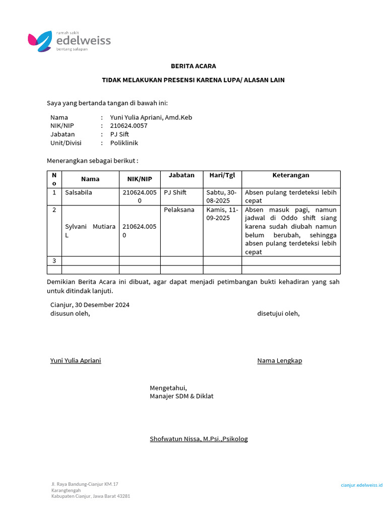 Berita Acara Lupa Absen Poliklinik Bulan Agustus-September 2025 | PDF