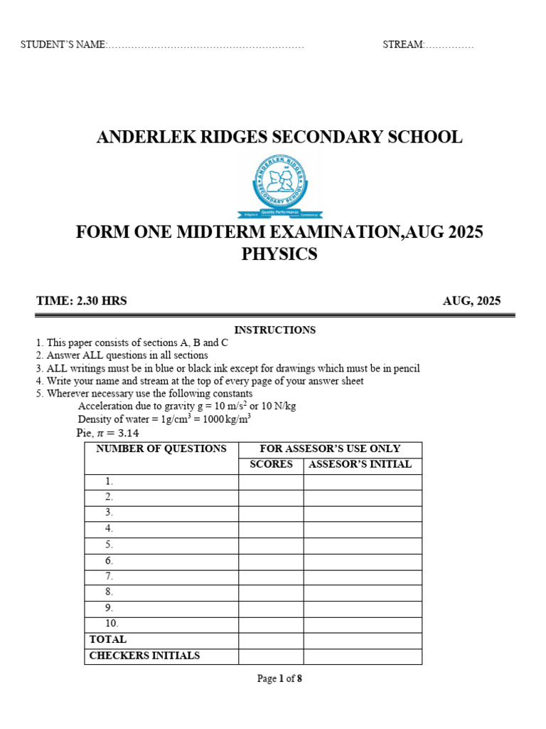 Physics f1 Midterm Examination August-2025 | PDF | Density | Force
