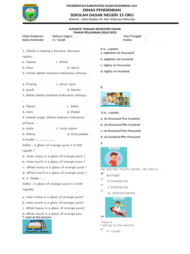 Soal Mid Kelas 5 SD N 15 OKU | PDF | Taste