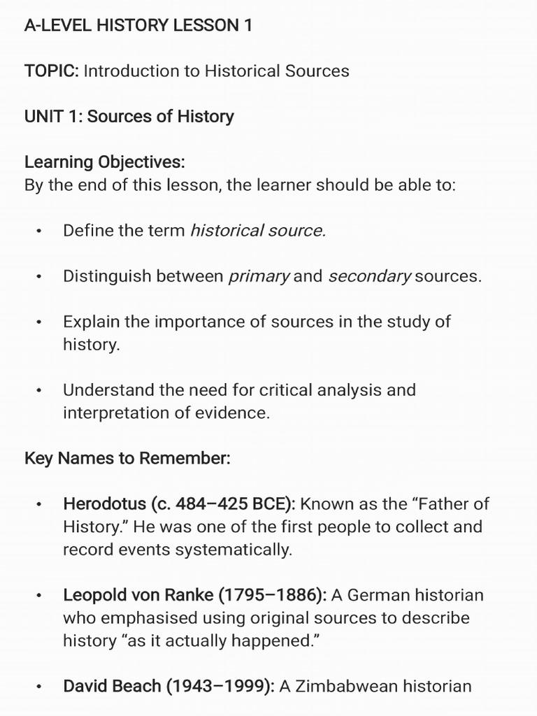 A Level History Lesson 1. Sources of History | PDF