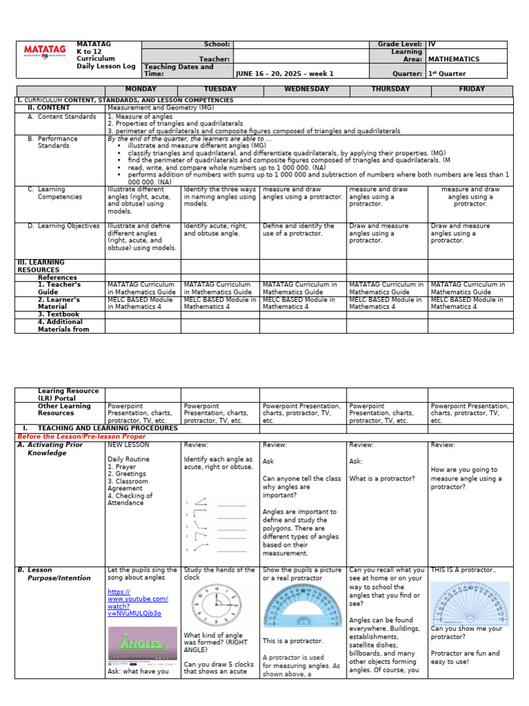 Matatag DLL Week 1 Math g4 | PDF | Angle | Curriculum