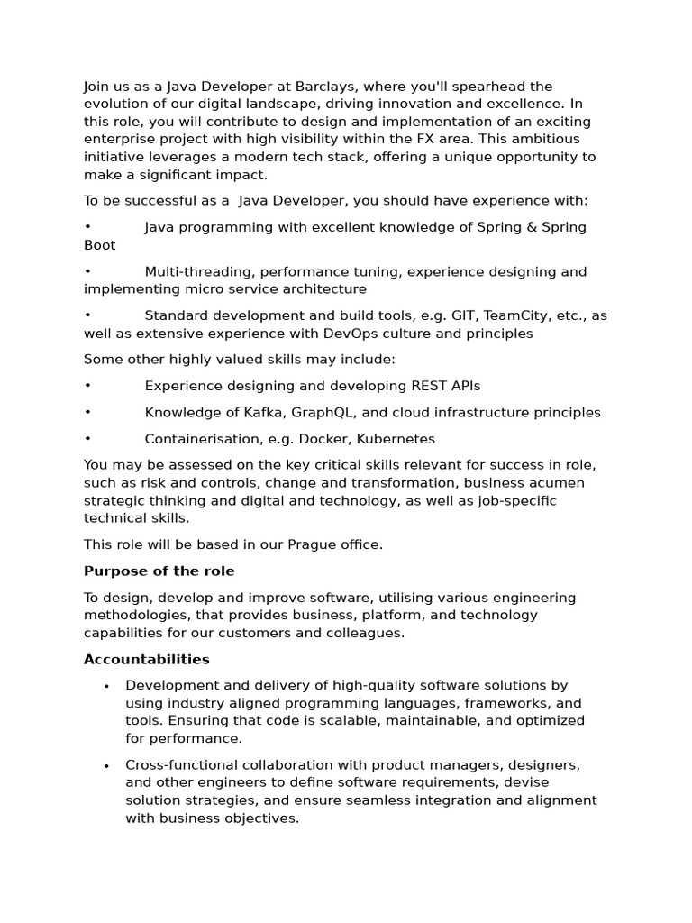 Java Developer - Barclays Prague 2025 | PDF | Software Engineering | Business
