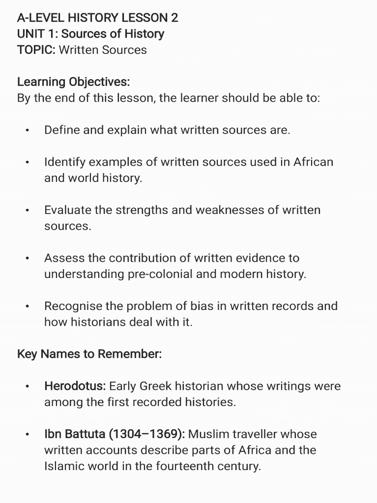 A Level History Lesson 2 Written Sources | PDF