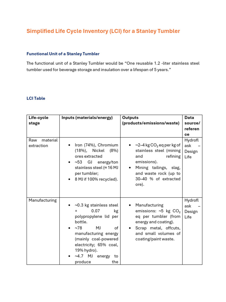 Simplified Life Cycle Inventory (LCI) For A Stanley Tumbler ...