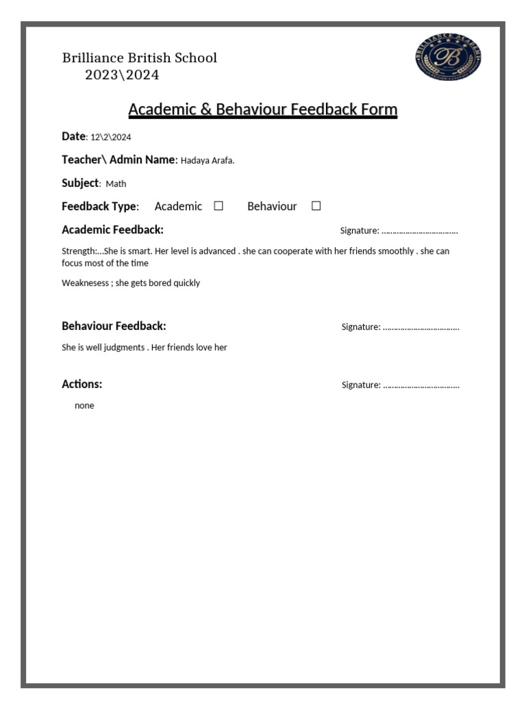 Math Feedback Form for Student 2024 | PDF