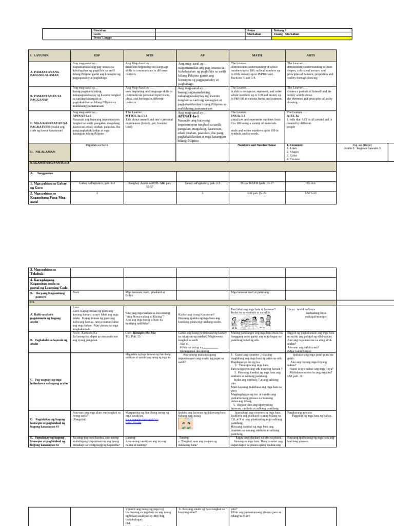Grade 1 DLL All Subjects Q1 Week 1 Day 3 | PDF