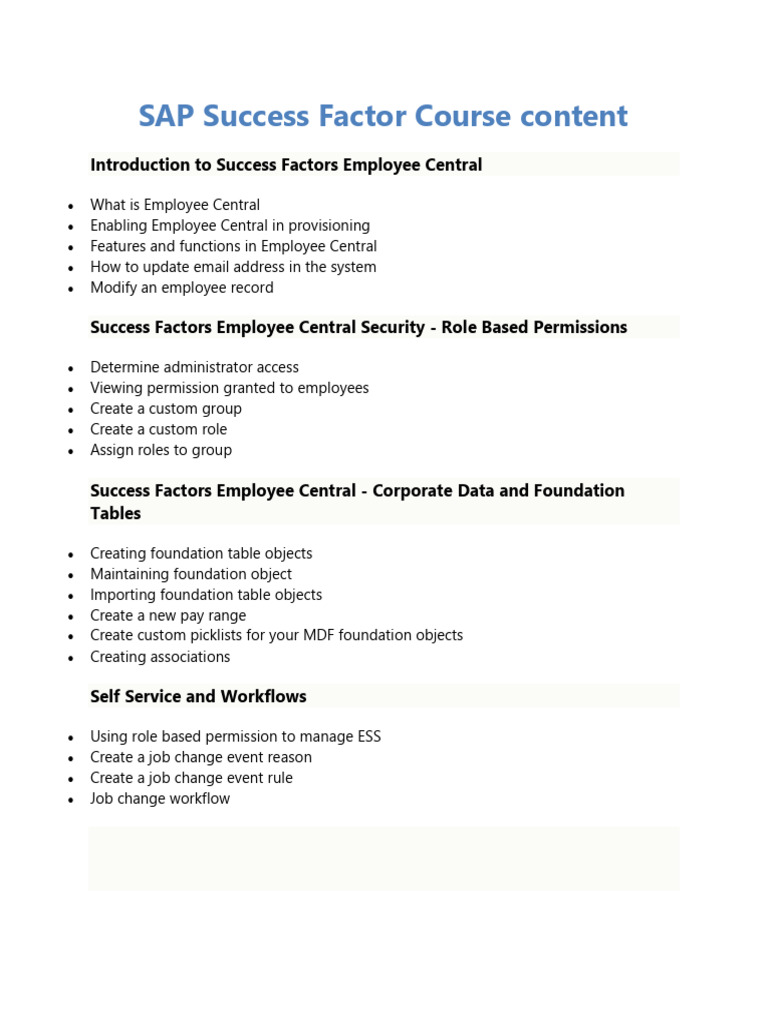 SAP Success Factor Course Content | PDF