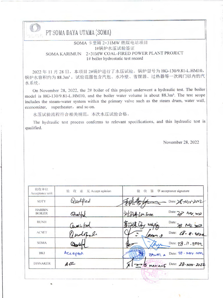 Hydrostatic Test Report for SOMA Power Plant | PDF | Physical ...