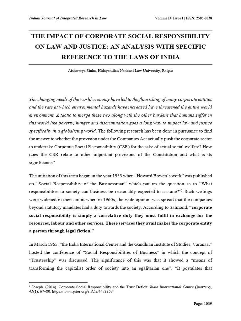 The Impact of Corporate Social Responsibility On Law and Justice An ...