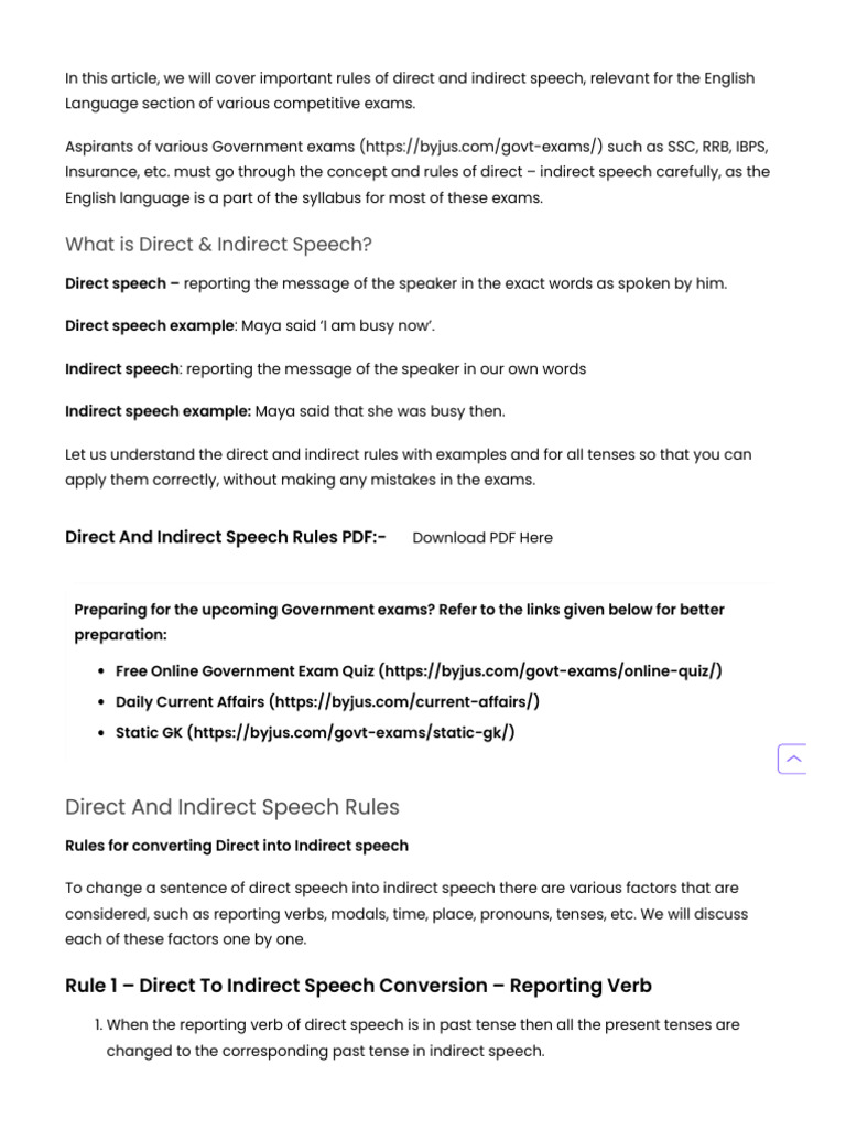 Direct Speech and Indirect Speech Rules | PDF | English Language | Verb