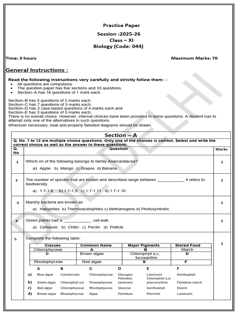 Class XI Biology Practice Paper 2025-26 | PDF | Chloroplast | Atrium ...