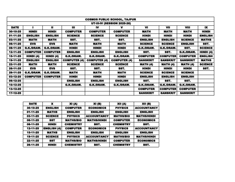 Date Sheet Ut-3 - 4 - 25-26-1 | PDF