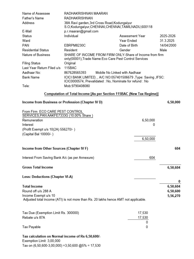 ITR Computation For Radhakrishnan Maaran FY 24-25 | PDF | Tax Refund ...