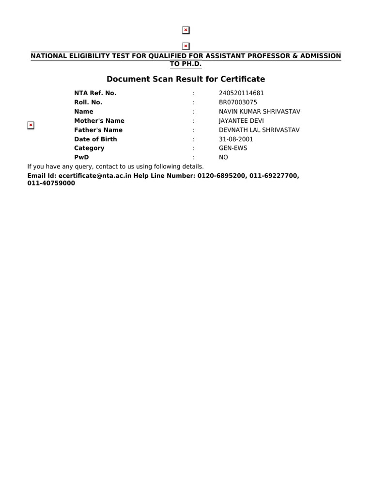 NTA Eligibility Test Certificate Details | PDF