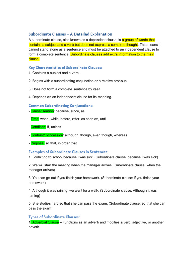 Subordinate Clauses Detailed Explanation | PDF
