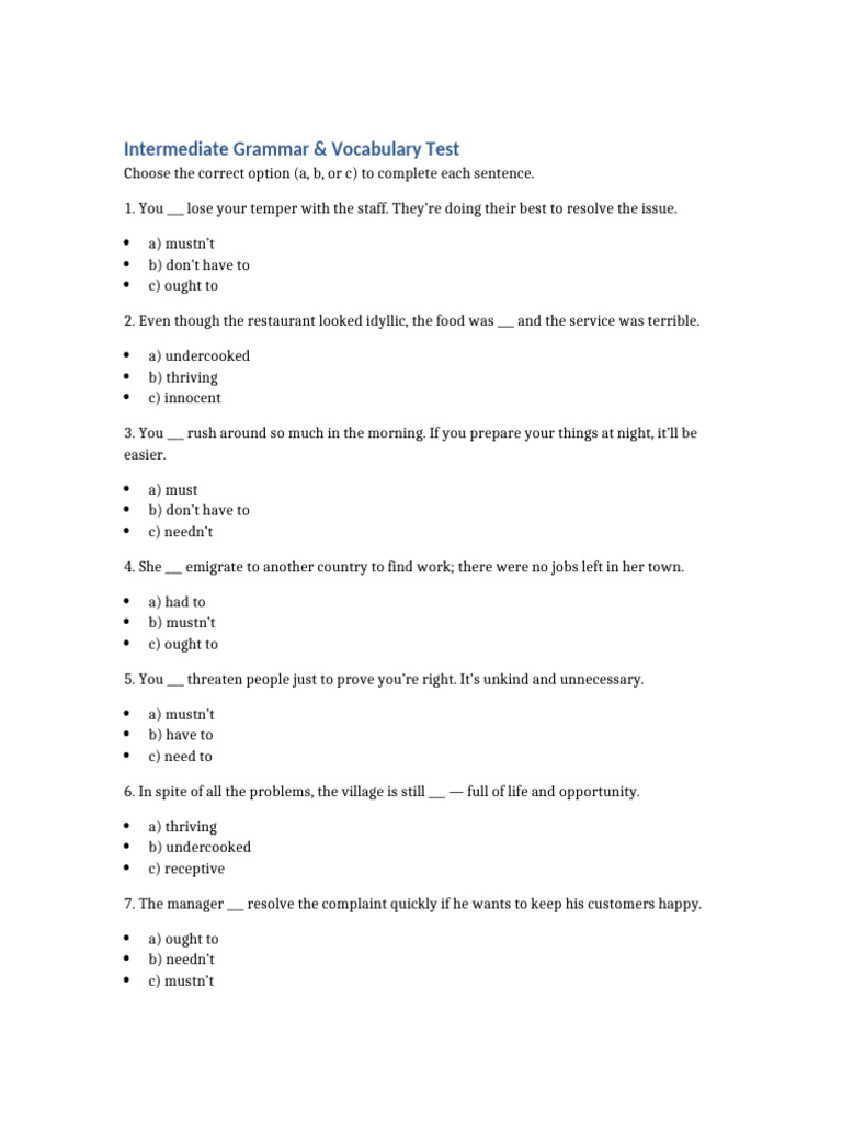 Intermediate Grammar Vocabulary Test | PDF