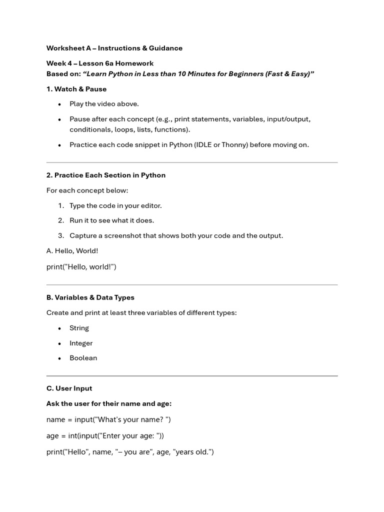 Week 4 - Lesson 6a Python Crash Course Homework (Instructions) | PDF