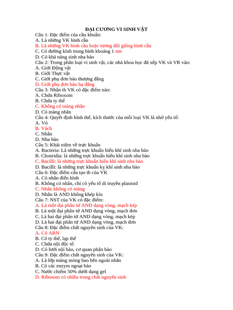 Trắc Nghiệm Vi Sinh | PDF