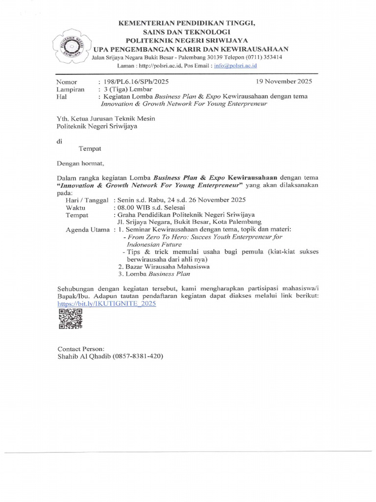 Kegiatan Lomba Business Plan & Expo Kewirausahaan IGNITE 2025 | PDF