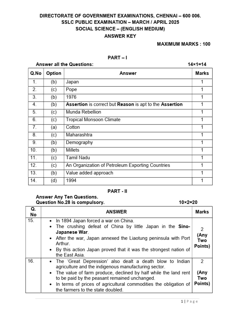 Sslc March - April 2025 - Social Science - Key Answer - English Medium ...
