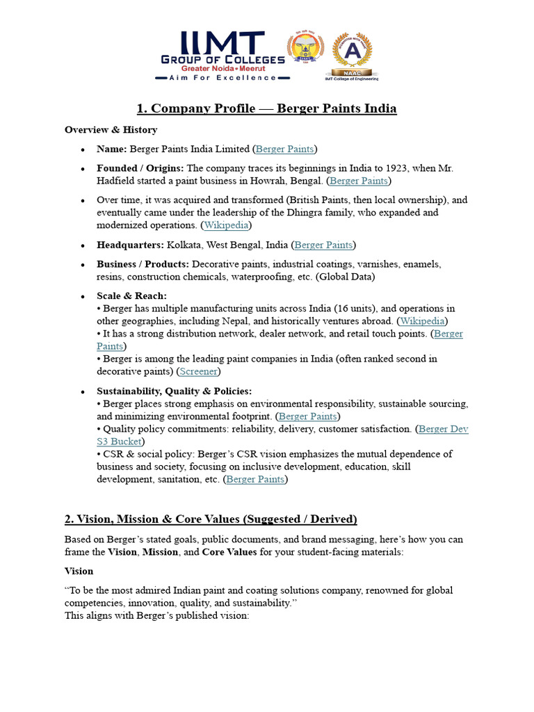 Berger Paints India: Company Overview & Values | PDF | Paint | Coating