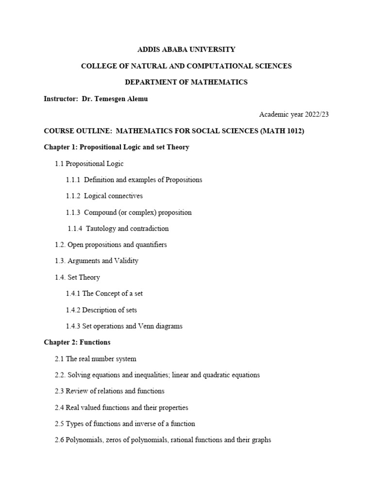 Mathematics for Social Sciences Course Outline | PDF | Matrix ...