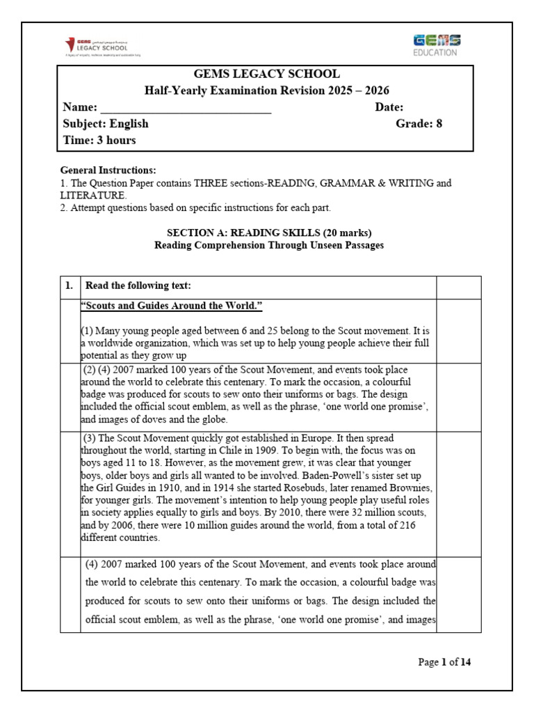 Half - Yearly Revisison Grade 8 - Answer Key | PDF | Scouting | Verb