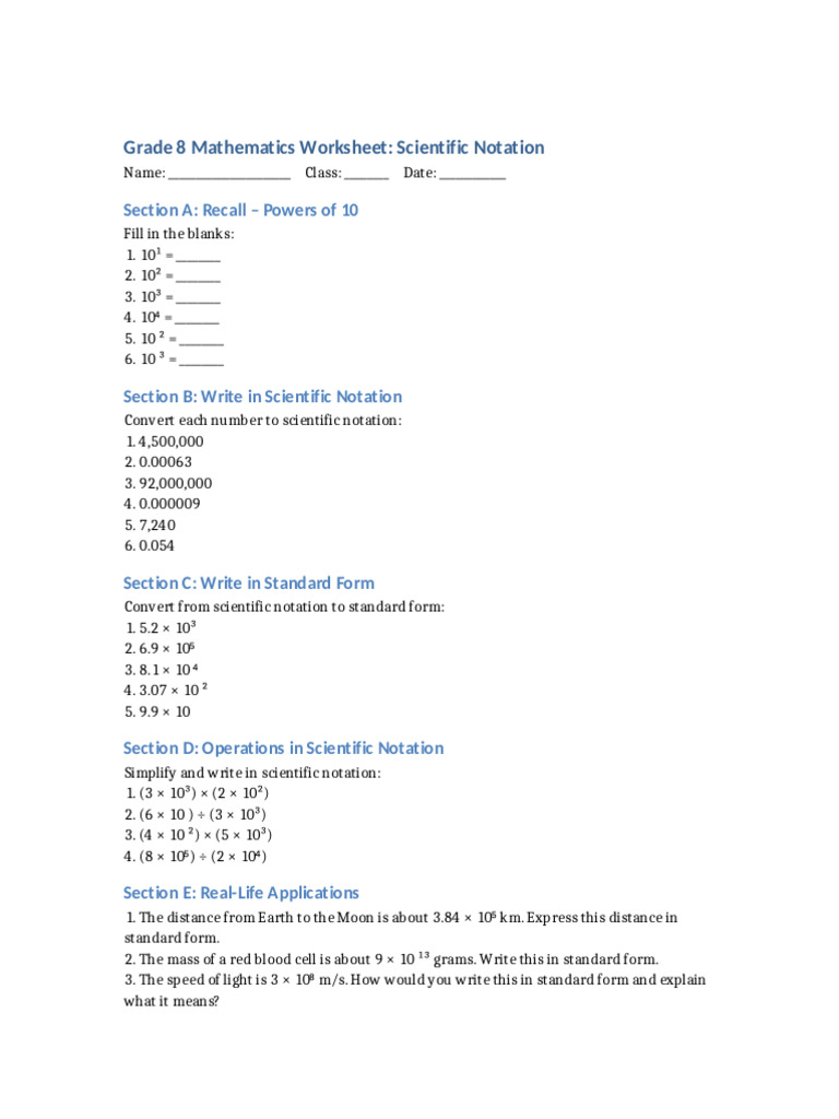 Grade 8 Scientific Notation Worksheet | PDF