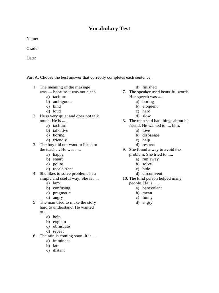 Vocabulary Test for Skill Assessment | PDF | Multiple Choice | Vocabulary