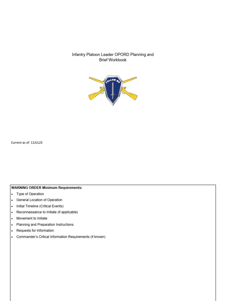 Infantry OPORD Planning Workbook | PDF | Reconnaissance | Maneuver Warfare