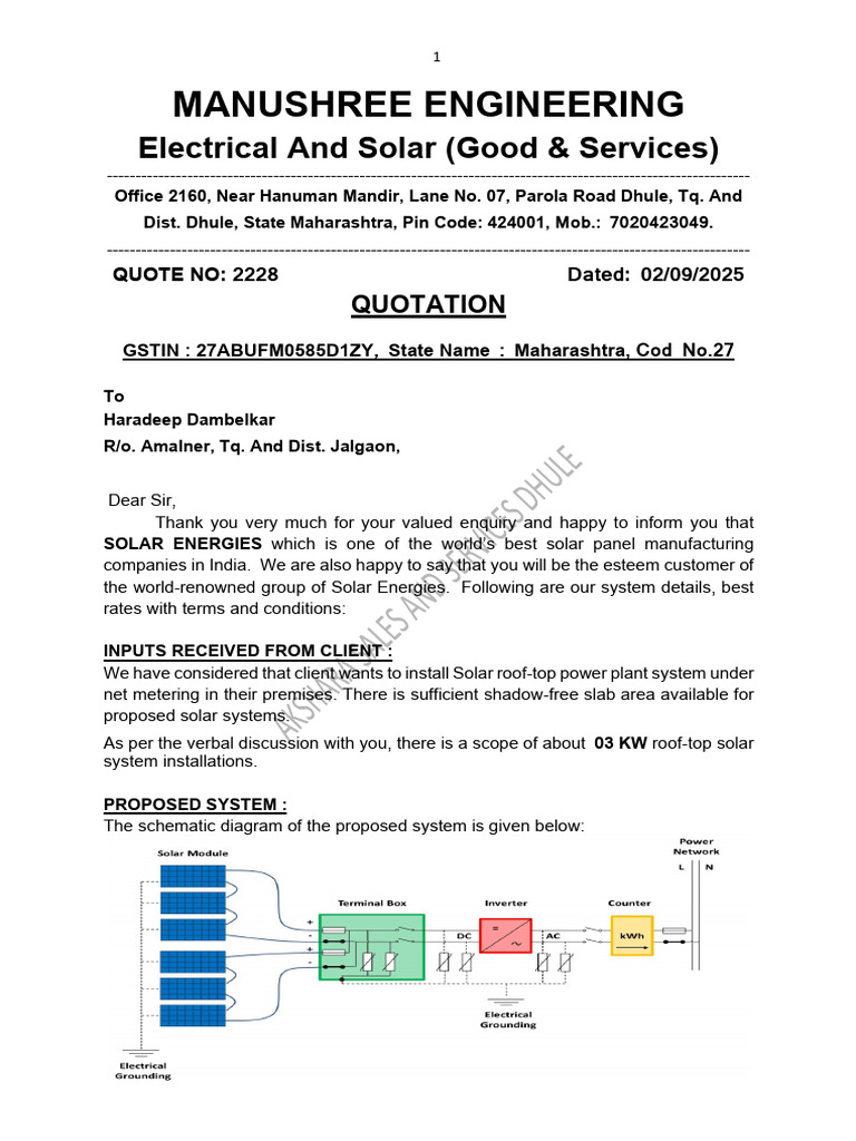 Manushree Quotation | PDF | Photovoltaic System | Solar Power