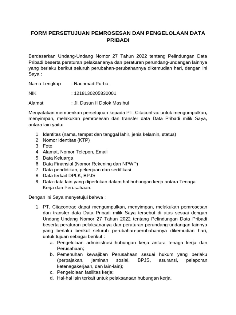 Form Persetujuan Pemrosesan Dan Pengelolaan Data Pribadi | PDF