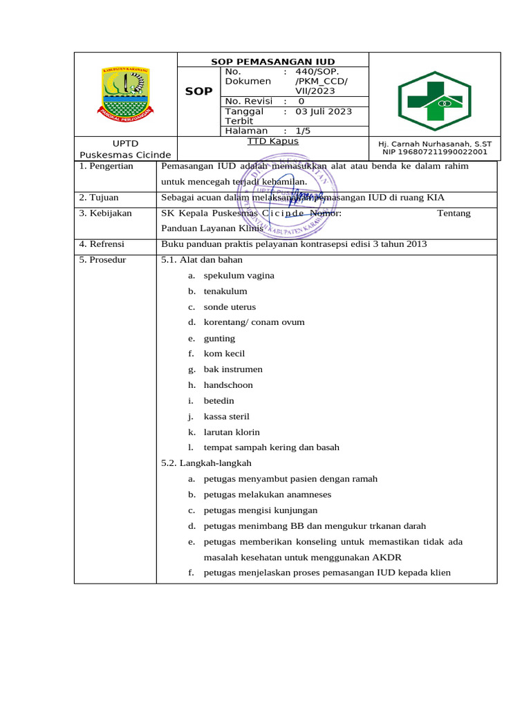 SOP Pemasangan IUD | PDF