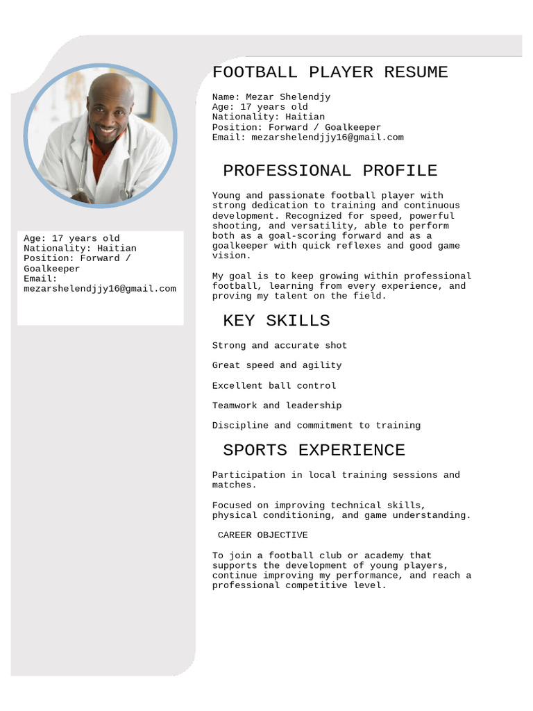 Haitian Football Player Resume: Mezar Shelendjy | PDF