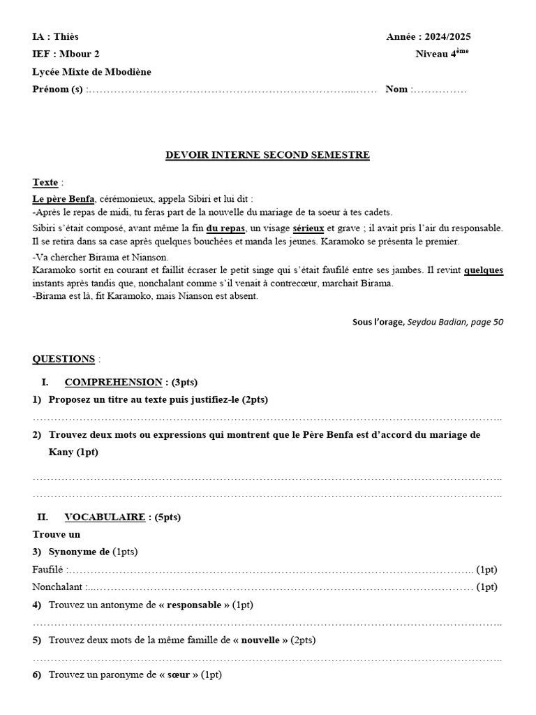 Devoir de Français : Compréhension et Grammaire | PDF | Syntaxe | Grammaire