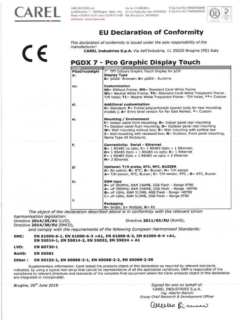 CE Declaration For PGDX PCO Graphic Display Touch 7 Inches (Carel) | PDF