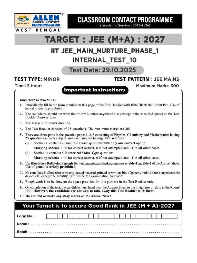 Paper Iit Jee Main Nurture Phase 1 29.10.2025 | PDF | Viscosity | Triangle