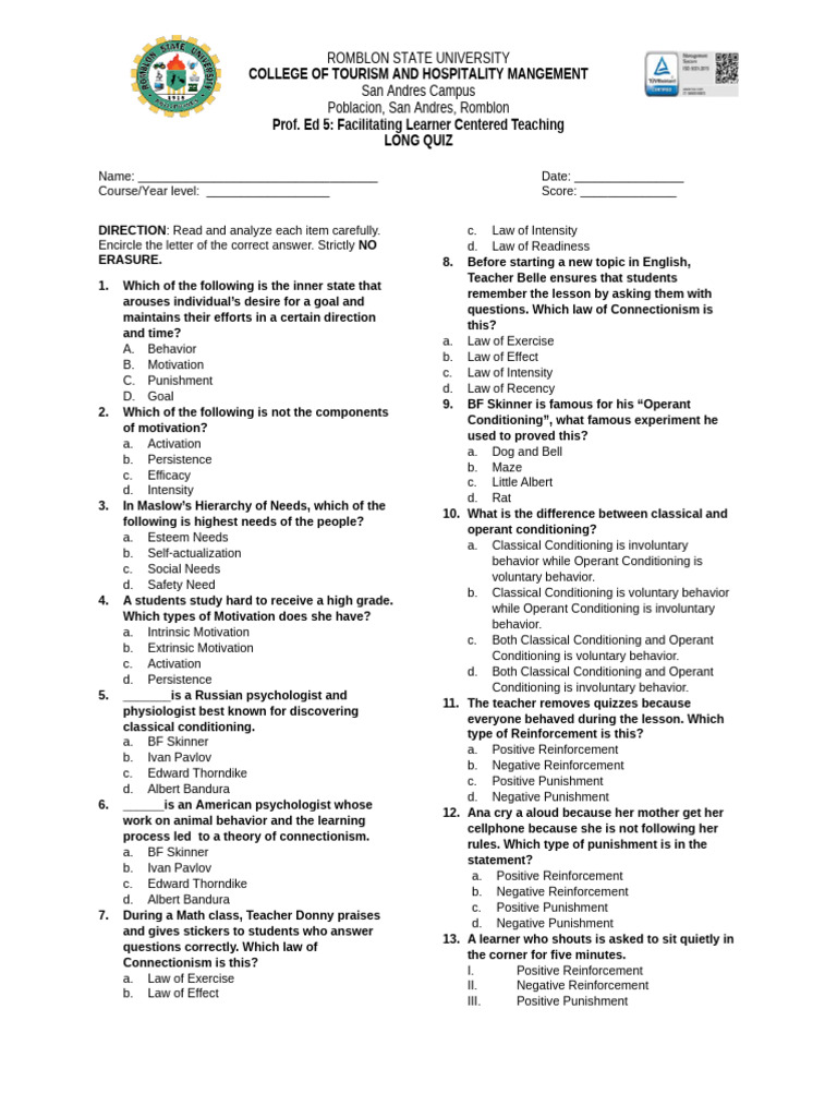 Learner-Centered Teaching Quiz | PDF | Learning | Reinforcement