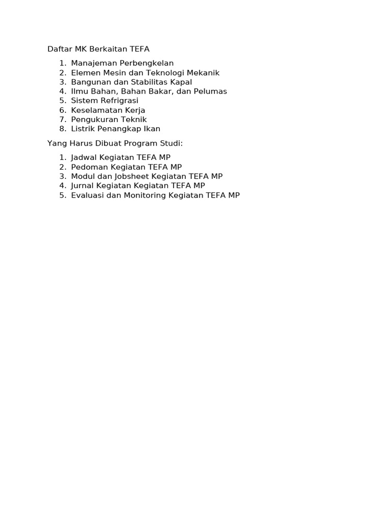 Daftar MK Berkaitan TEFA | PDF