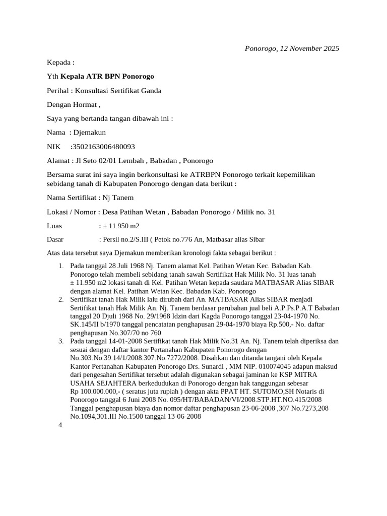 Surat Aduan BPN An. Djemakun | PDF