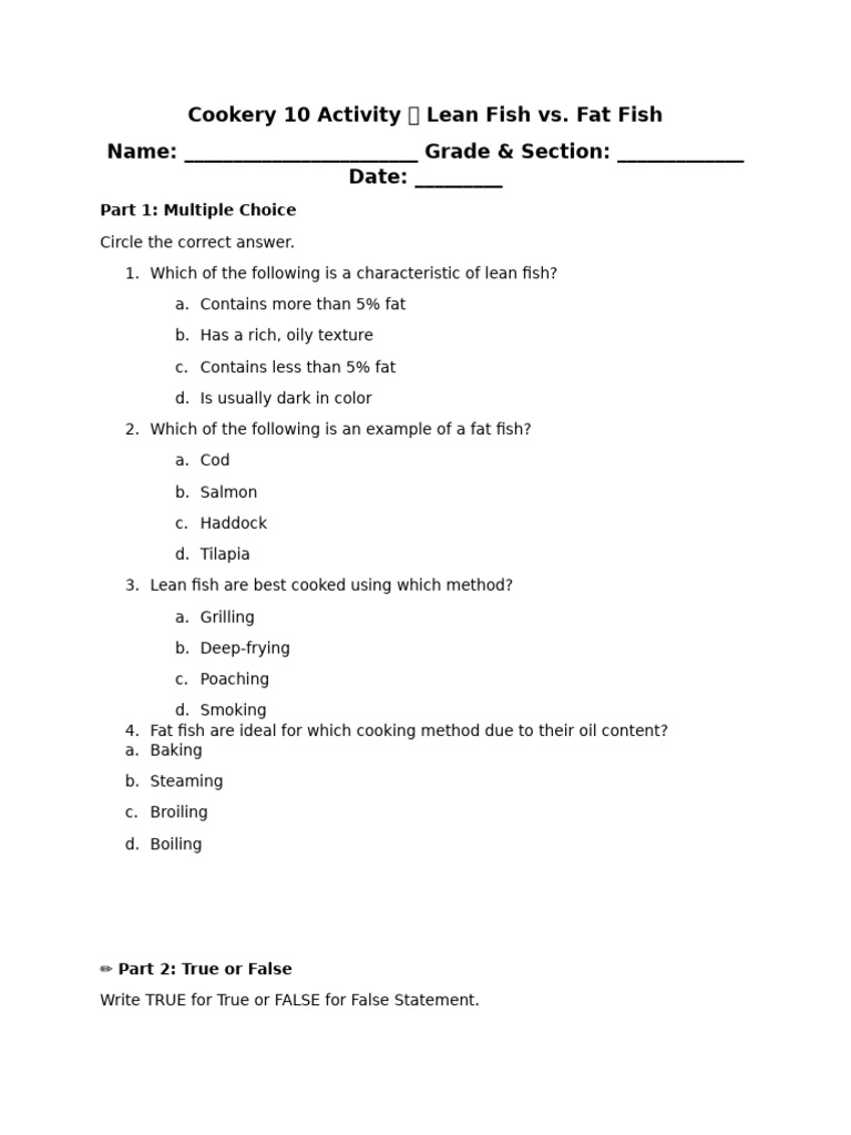 Methods of Cooking Seafoods Activity 10-16-25 | PDF