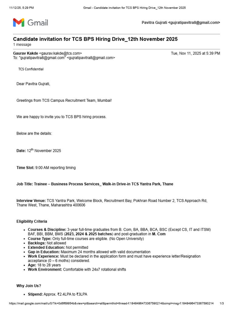 Gmail - Candidate Invitation For TCS BPS Hiring Drive - 12th November 2025 | PDF