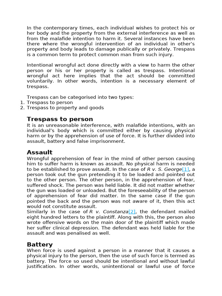 Understanding Trespass: Types and Cases | PDF | Trespass | Tort