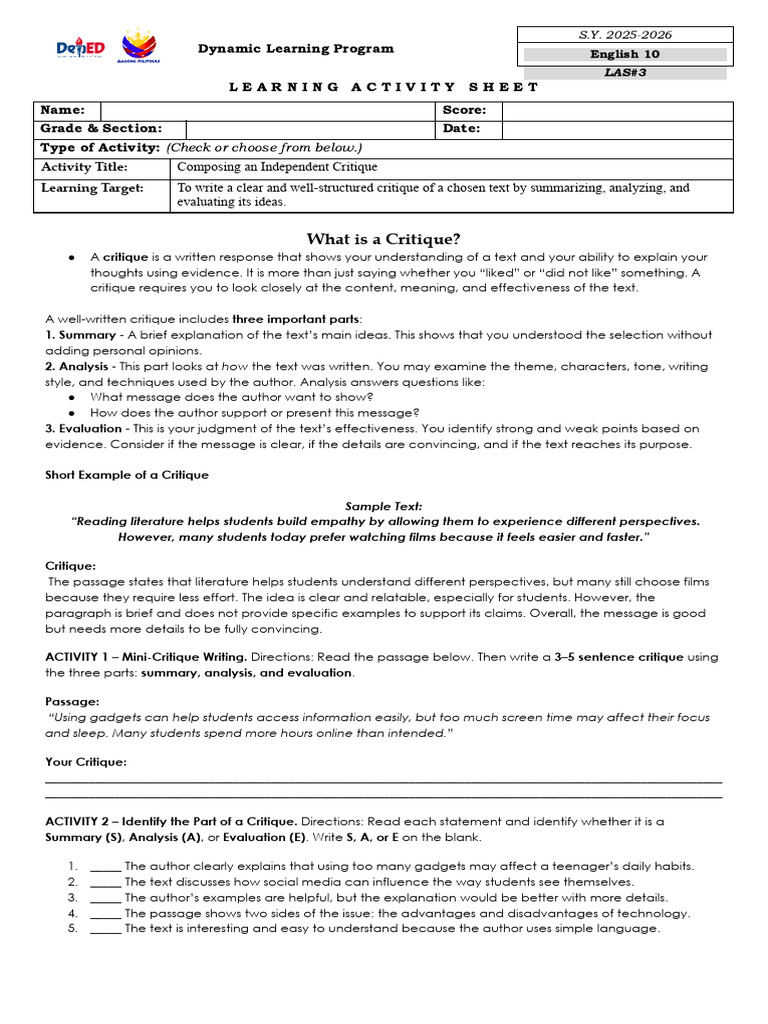 ENGLISH 10 - LAS# 3- Q3 | PDF | Psychology | Psychological Concepts