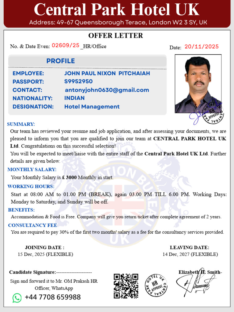 Offer Letter (Central Park Hotel) | PDF