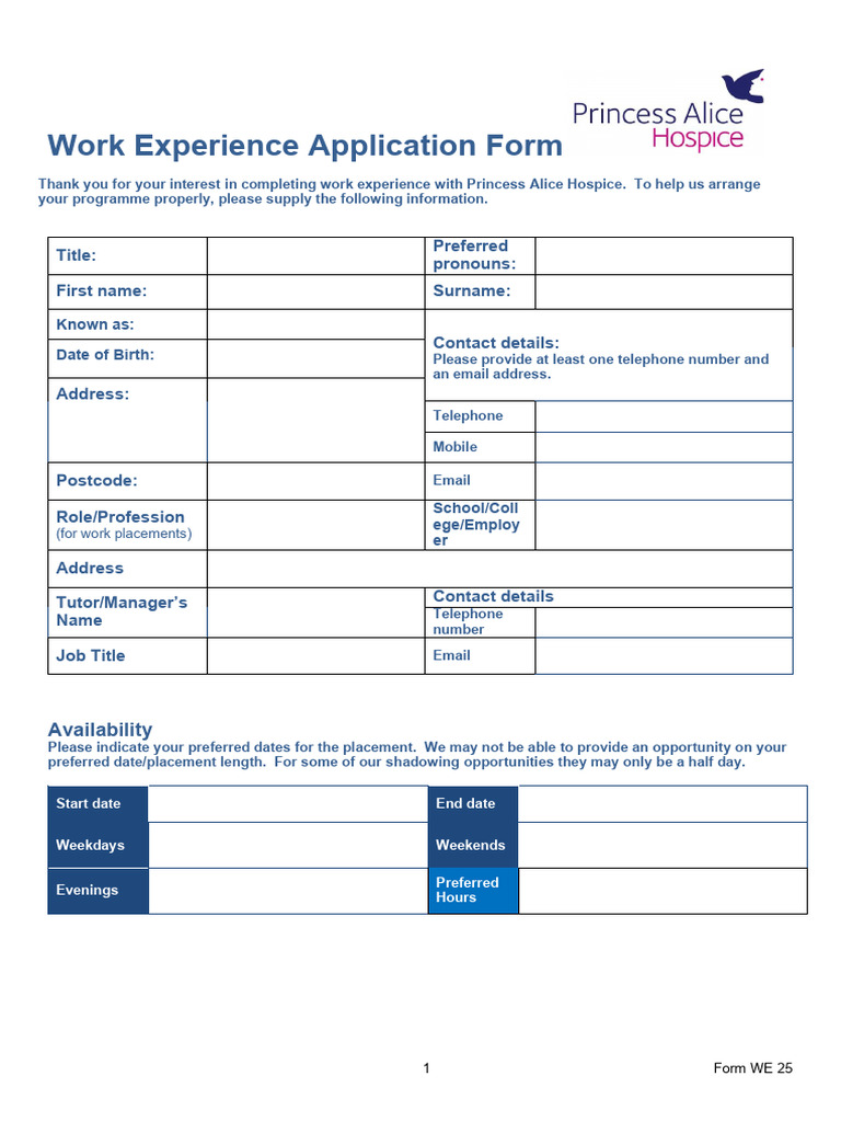 Princess Alice Hospice Work Experience Form | PDF | Disability ...